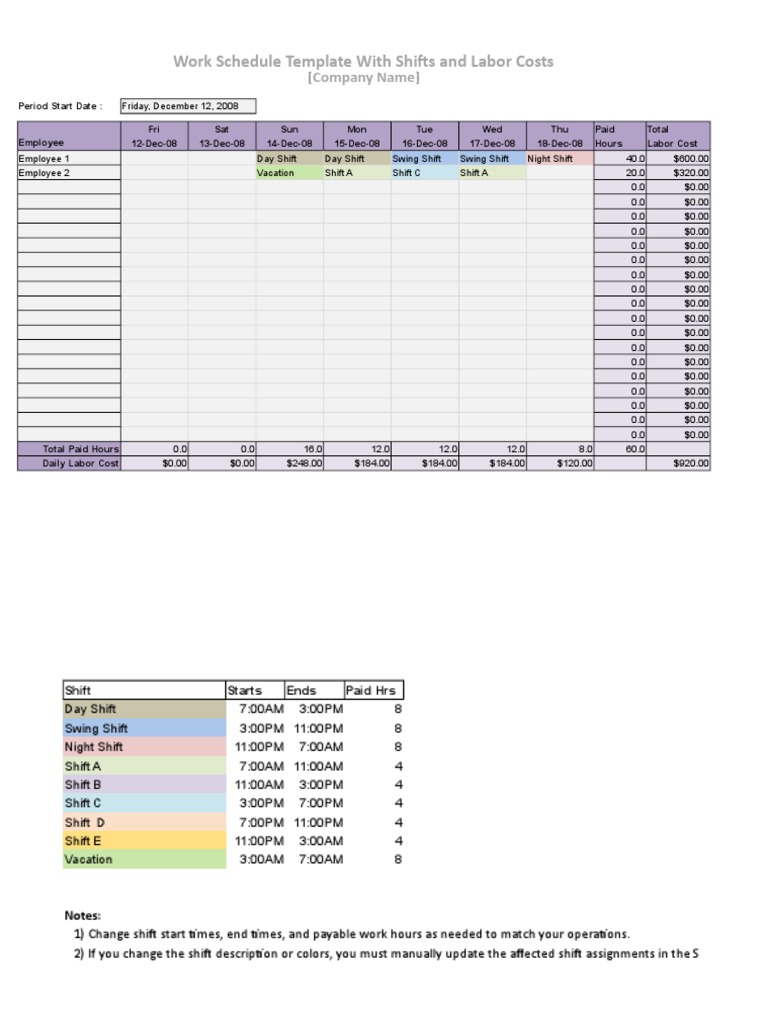 Work Schedule Template With Shifts and Labor Costs: (Company Name ...