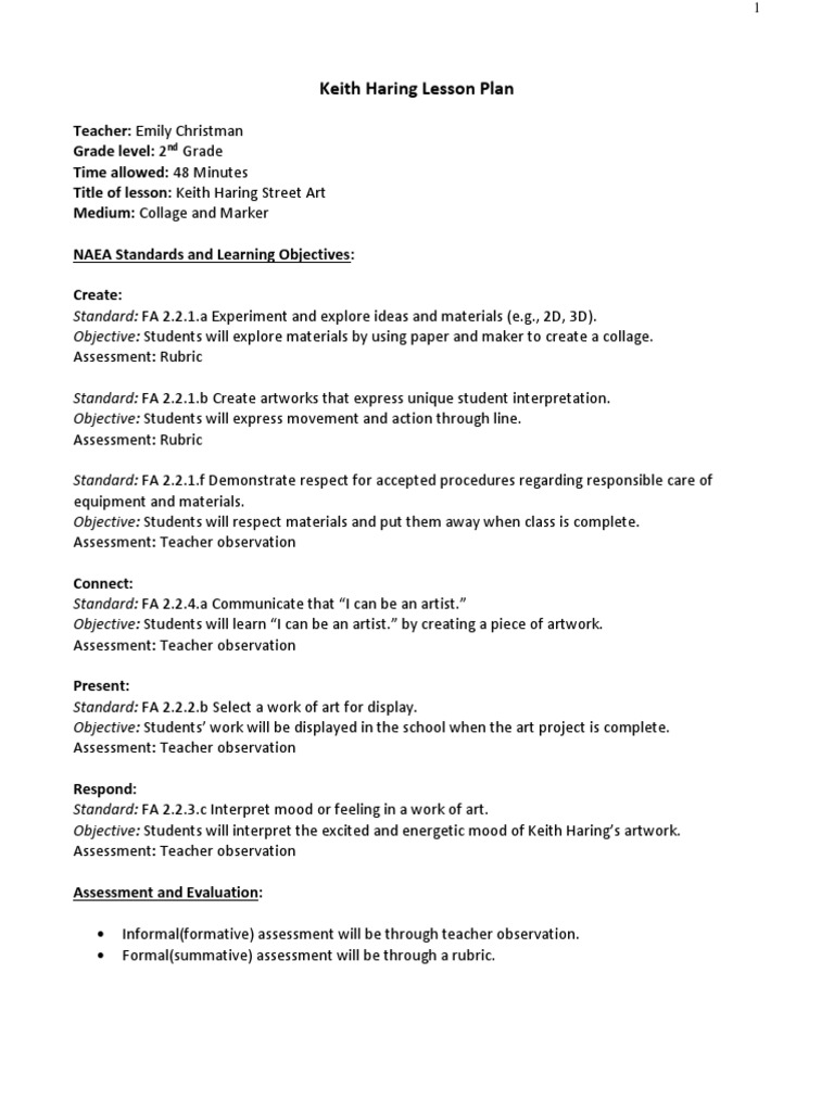 Keith Haring Lesson Plan | PDF | Educational Assessment | Rubric (Academic)