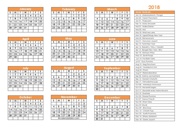 2018 Hindu Calendar | PDF | Hindu Worship | Religious Holidays