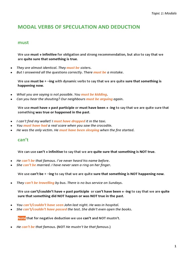 Modal Verbs of Speculation and Deduction | PDF | Languages | Language ...