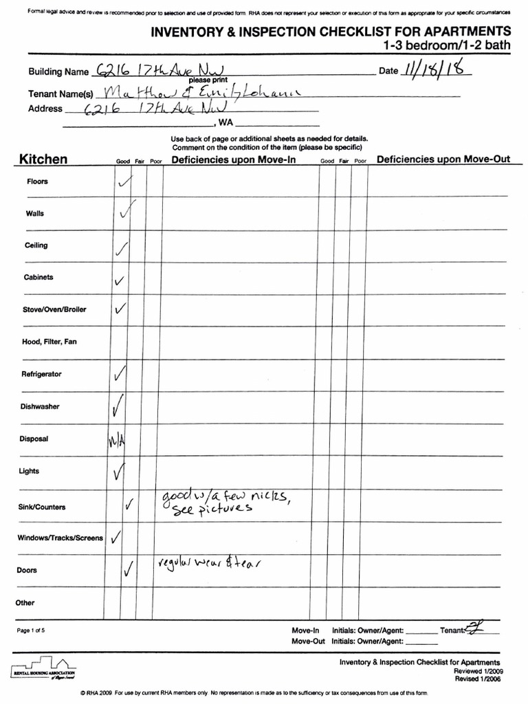 Rla - Ue: Inventory Inspection Checklist For Apartments | PDF ...