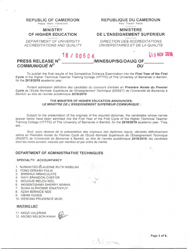 Admission ENSET Bambili 2018/2019 | PDF