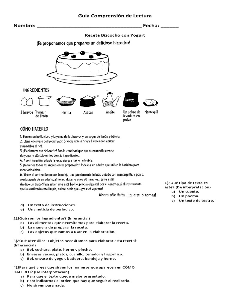 Guia 2 Comprension de Lectura Receta Bizcocho Con Yogurt 79196 20161209 ...