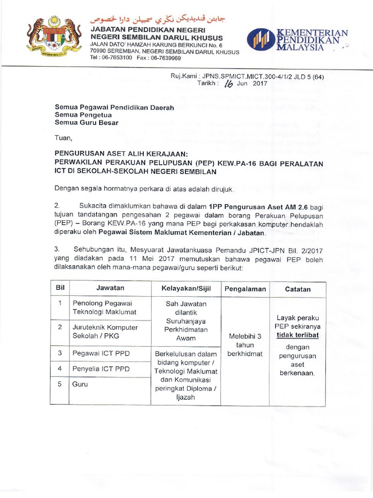 Pengurusan Aset Alih Kerajaan Perwakilan Perakuan Pelupusan (Pep) Kew ...