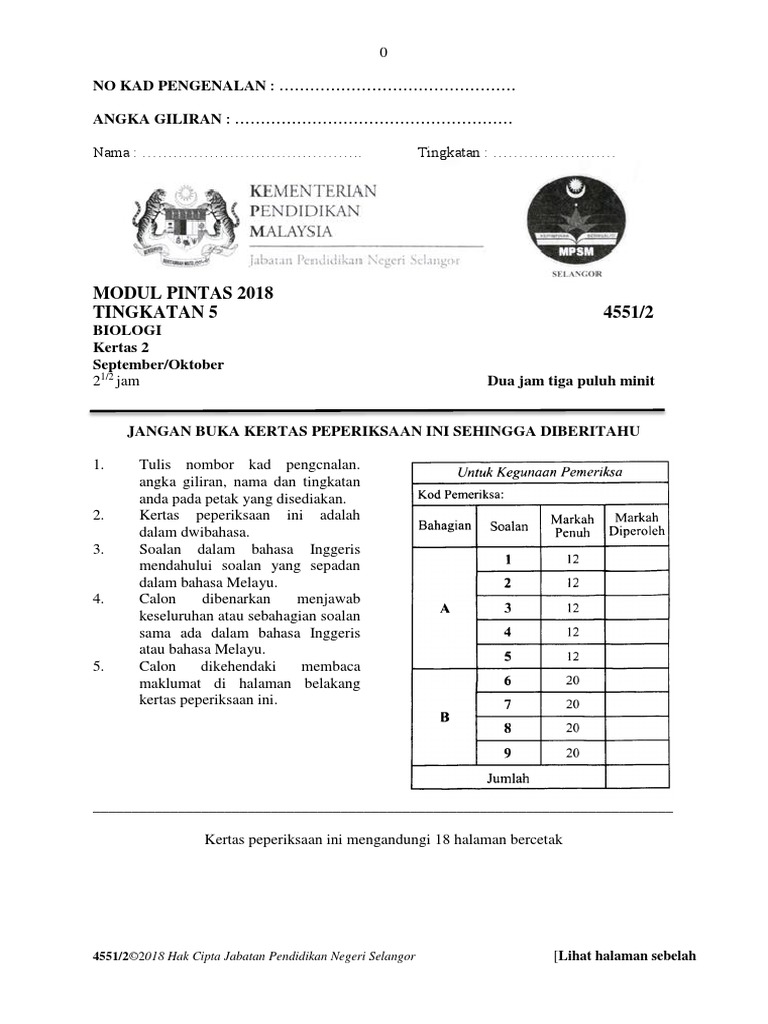(2018 Selangor) Set 1 Percubaan Bio K2 Soalan | PDF