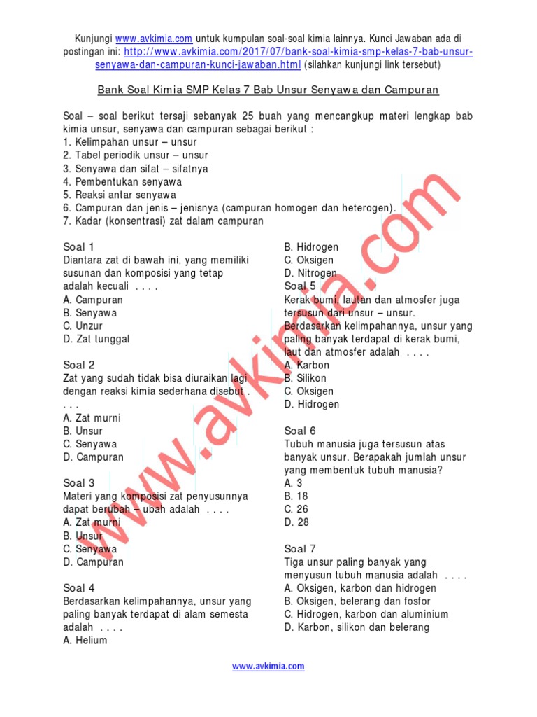 Bank Soal Kimia SMP Kelas 7 Bab Unsur Senyawa Dan Campuran Word File | PDF