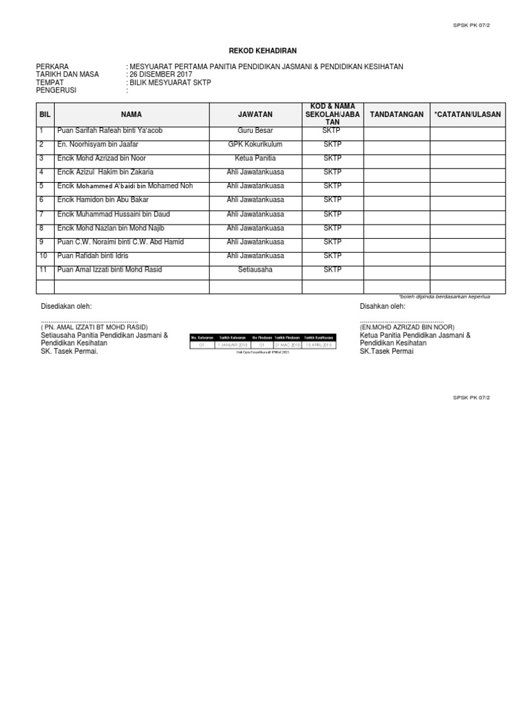 REKOD KEHADIRAN Mesyuarat | PDF