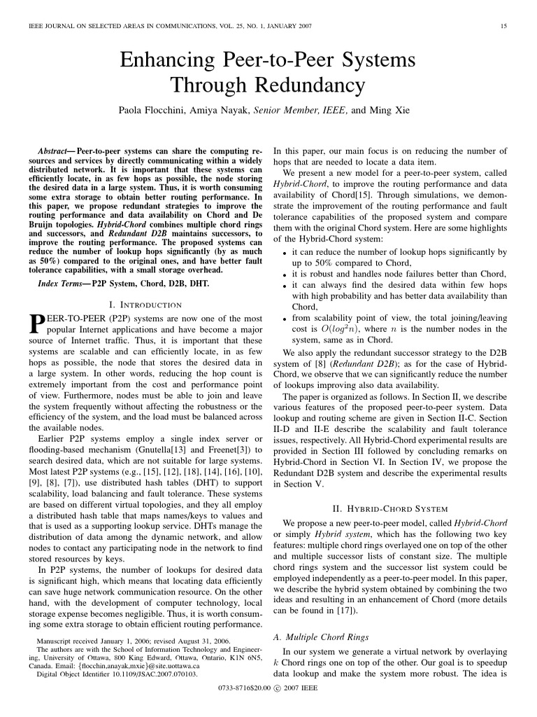 Enhancing Peer-to-Peer Systems Through Redundancy: Paola Flocchini ...