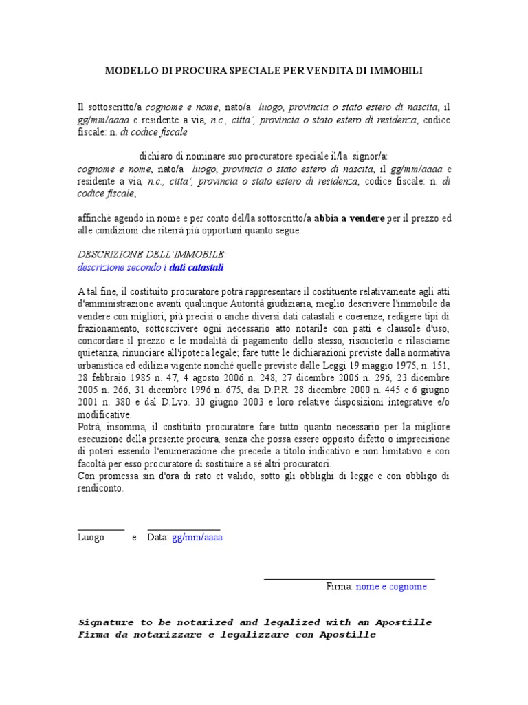 Modello Di Procura Speciale Per Vendita Di Immobili | PDF
