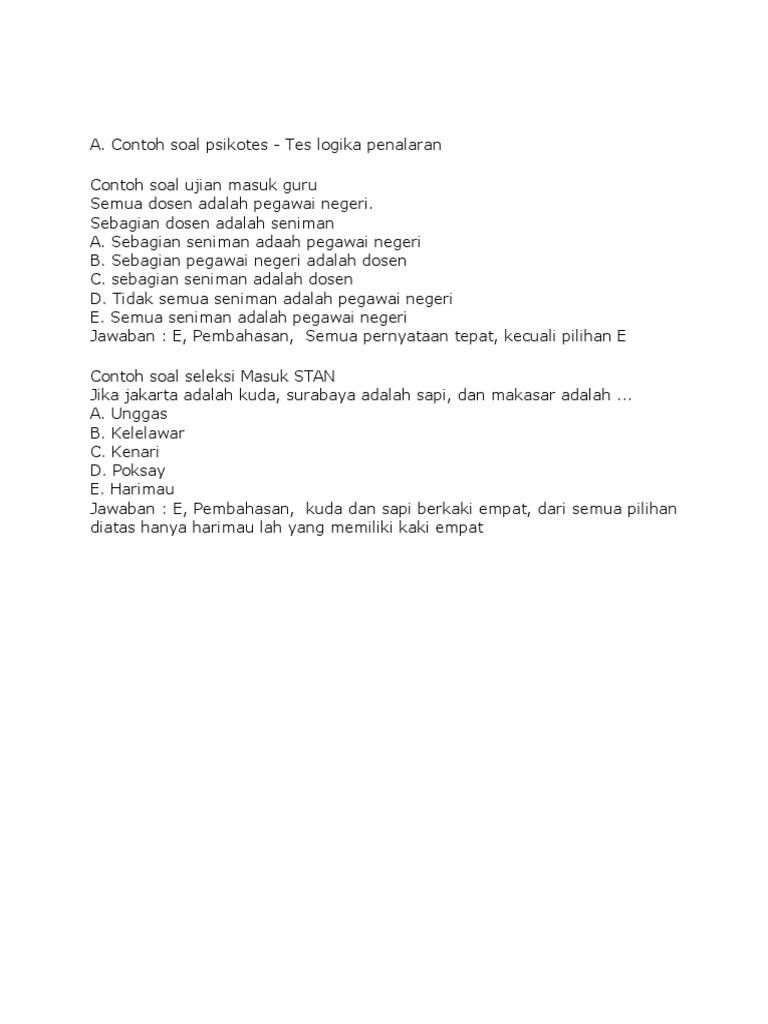Contoh Soal Psikotes - Tes Logika Penalaran | PDF Contoh Soal Psikotes - Tes Logika Penalaran | PDF