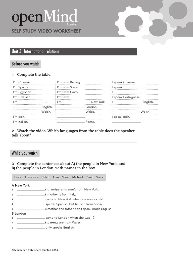 OpenMind Starter Unit 3 Video Worksheet | PDF | Linguistics | Languages