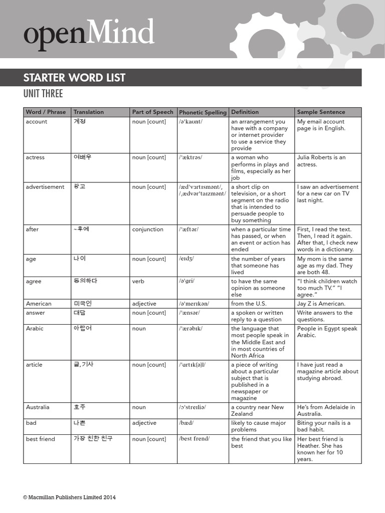OpenMind Starter Unit 3 Wordlist - Korean | PDF | Noun | Verb