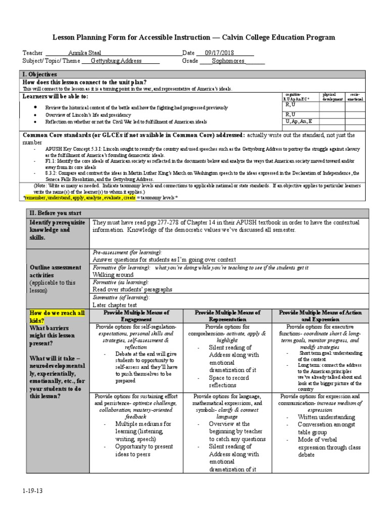 Lesson Plan Gettysburg Address | Download Free PDF | Reading ...