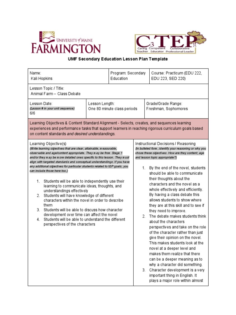 UMF Secondary Education Lesson Plan Template | PDF | Educational ...