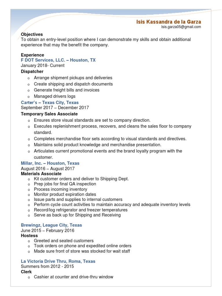 Isis de La Garza - Resume Ah102 | PDF | Inventory | Supply Chain Management