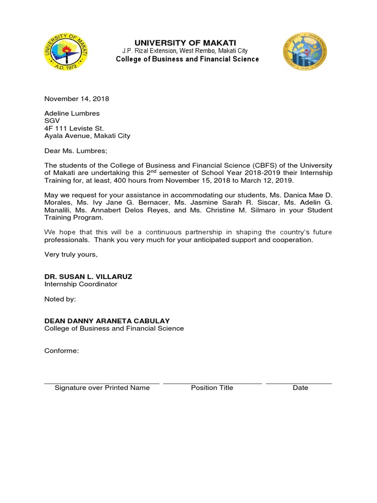 University of Makati Internship Request | PDF