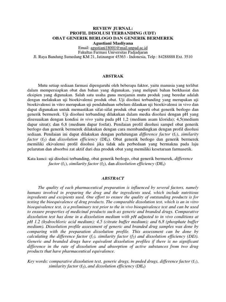 Review Jurnal Profil Disolusi Terbanding (Udt) Obat Generik Berlogo Dan ...