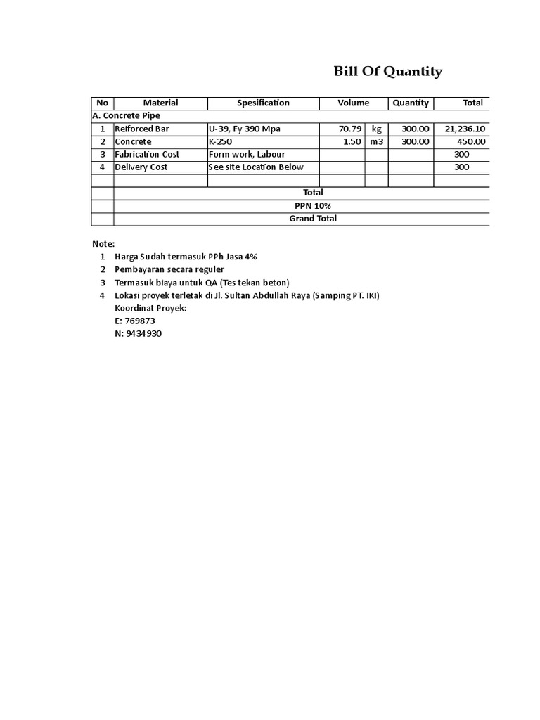Concrete Pipe Bill of Quantity Summary | PDF