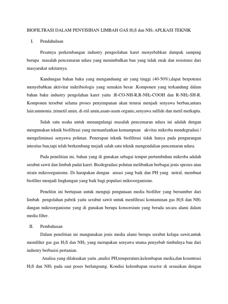 Biofiltrasi Dalam Penyisihan Limbah Gas h2s Dan Nh3 Aplkasi Teknik | PDF