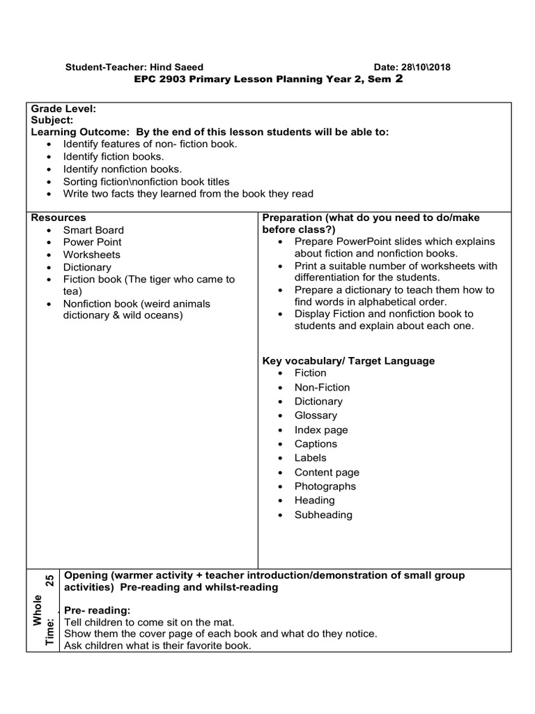 Fiction and Nonfiction Lesson Plan | PDF | Dictionary | Books