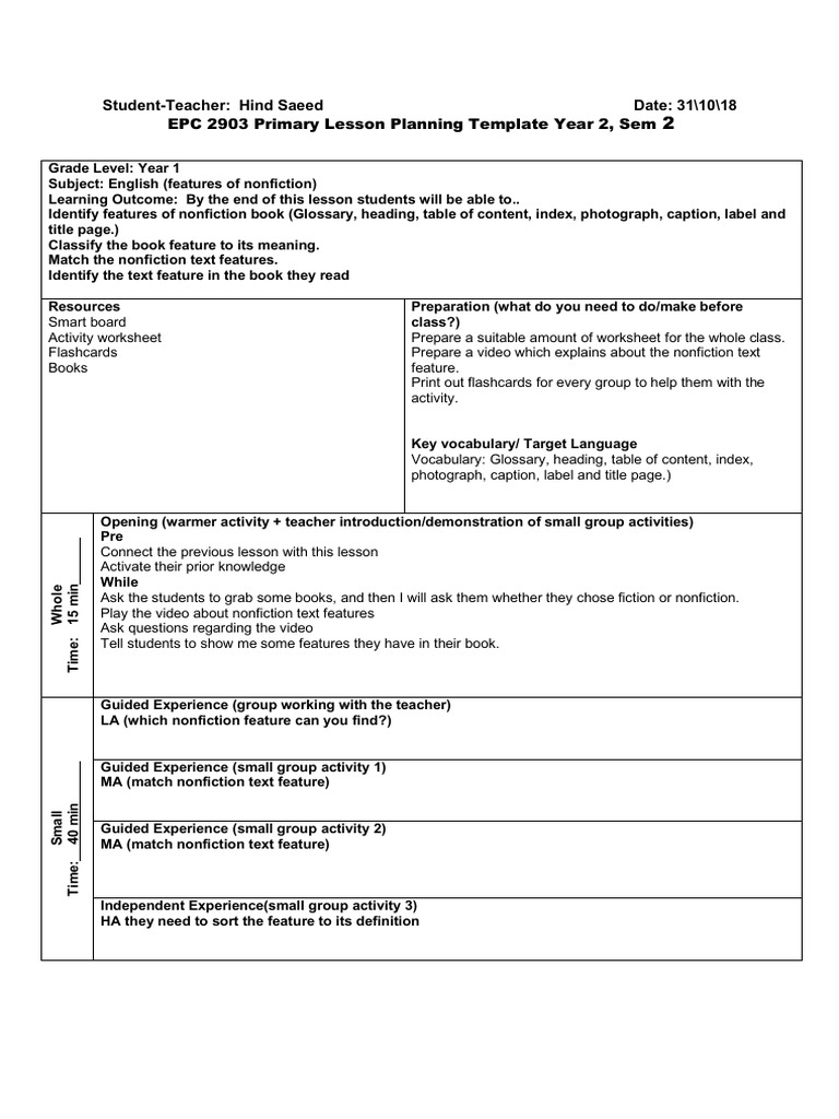 Nonfiction Features Lesson Plan | PDF | Books | Vocabulary