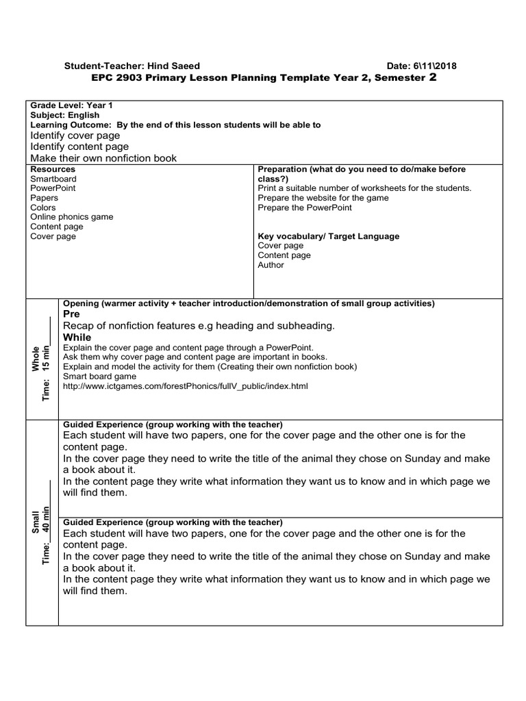 Content and Cover Page Lesson Plan | PDF | Books | Phonics