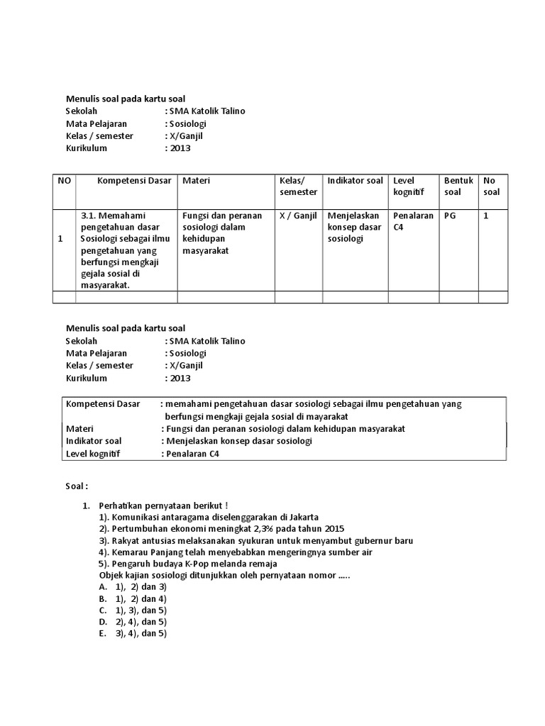 Kisi-Kisi Dan Contoh Kartu Soal | PDF