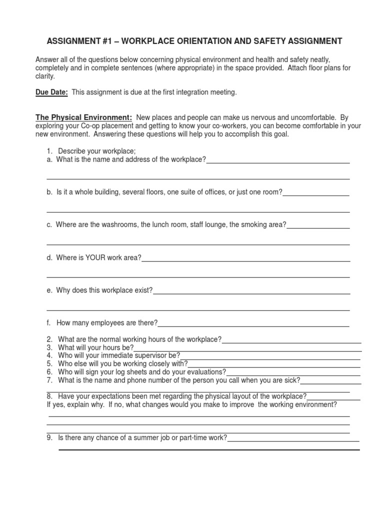 Assignment #1 - Workplace Orientation and Safety Assignment: The ...