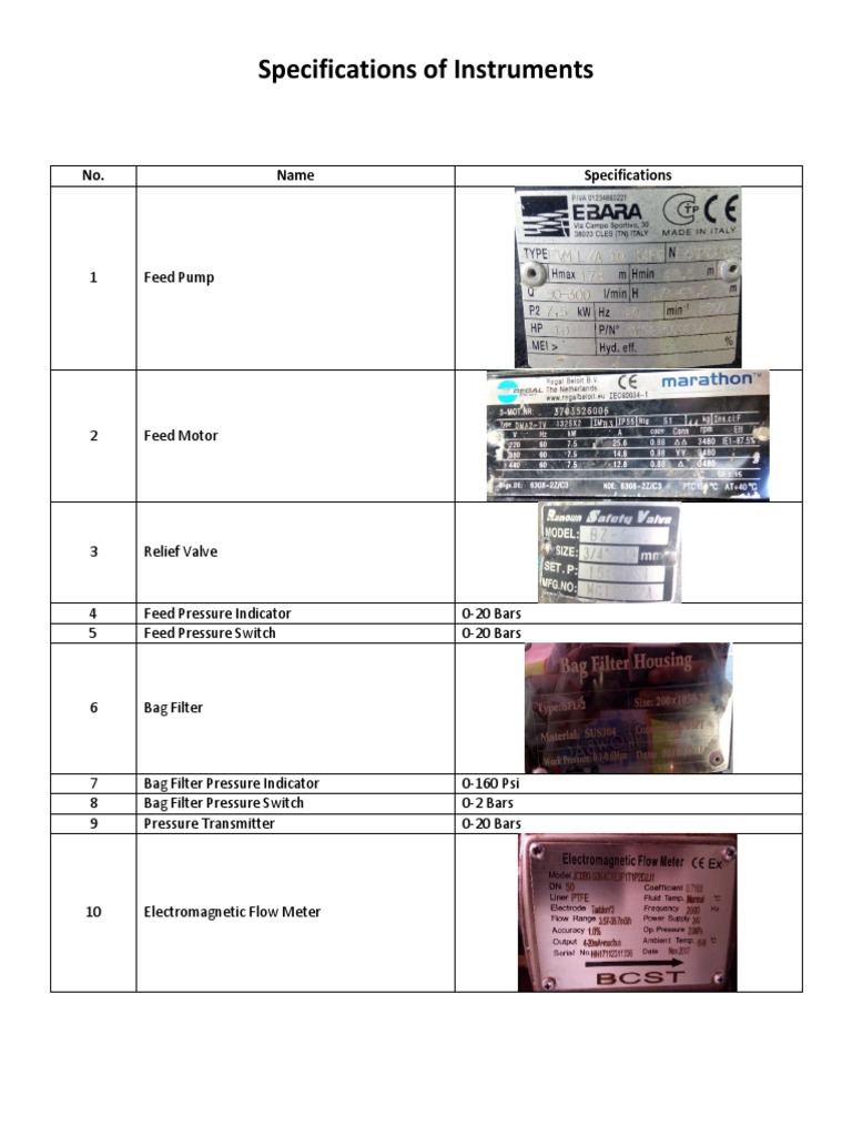 Specifications of Instruments | PDF | Pump | Valve