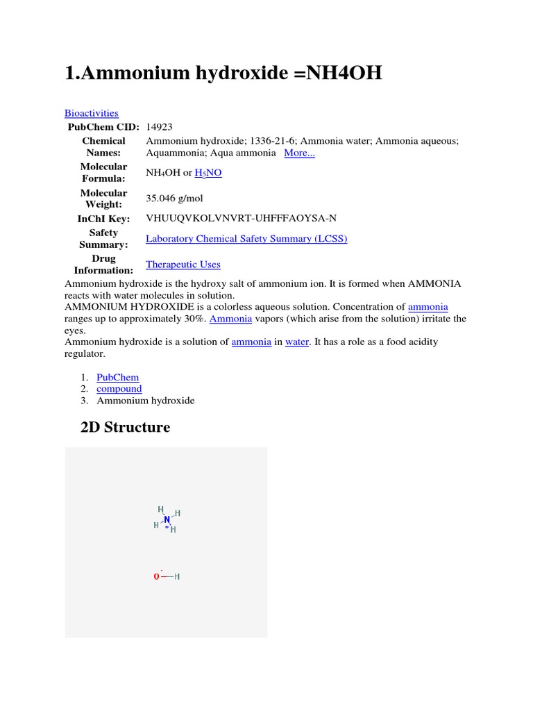 1.Ammonium hydroxide =NH4OH: 2D Structure | Sulfuric Acid | Chemistry