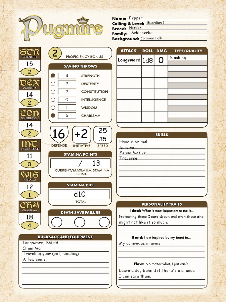 Pugmire Interactive Character Sheet (Revised) | Role Playing Games ...