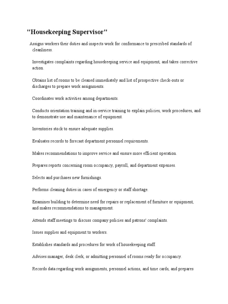 Housekeeping Supervisor | PDF | Housekeeping | Public Toilet