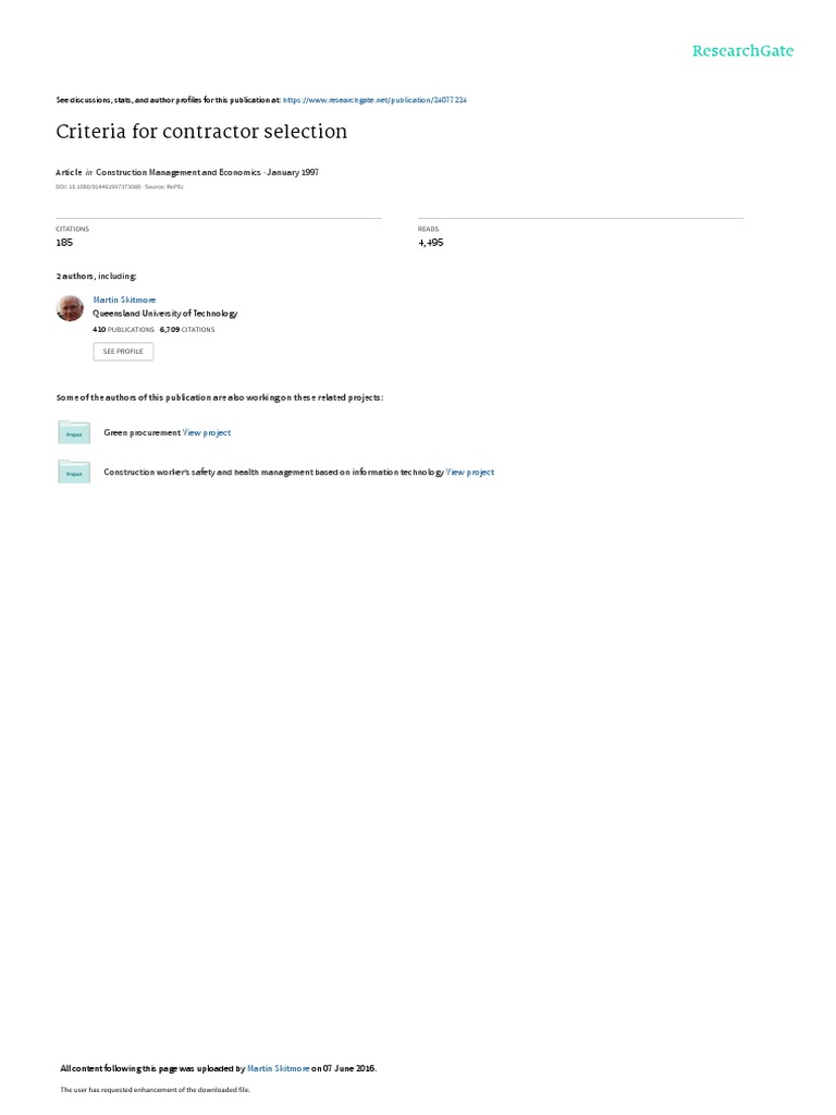 Criteria For Contractor Selection | PDF | Architect | Interview