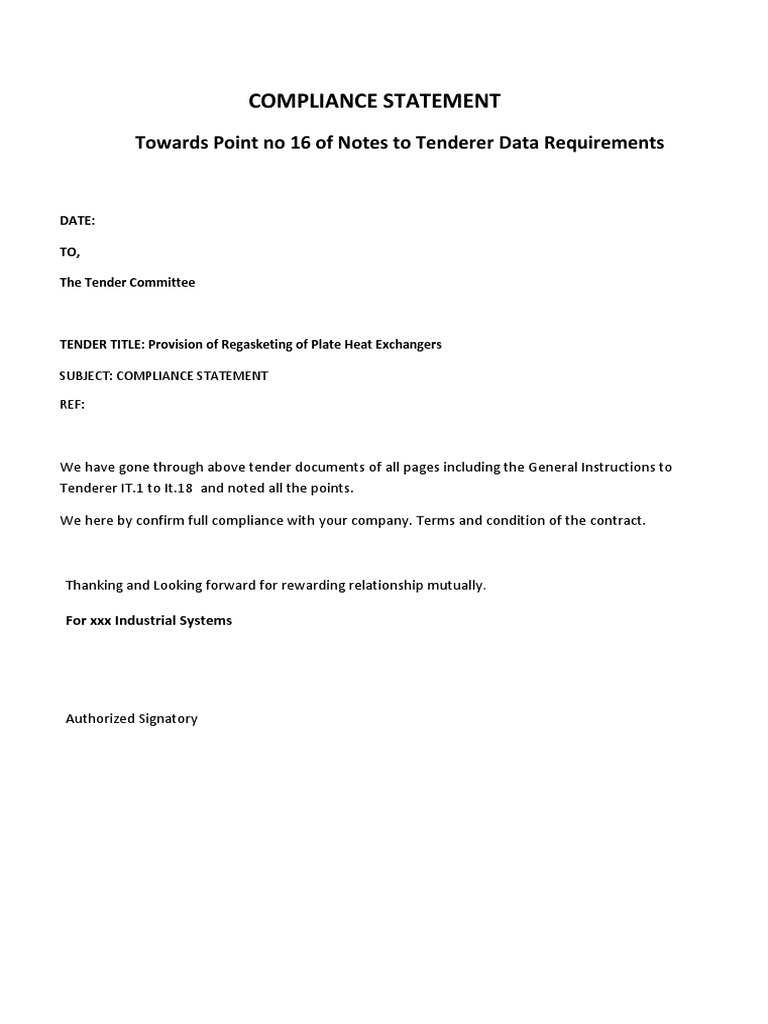 Compliance Statement For Tender Docs | PDF