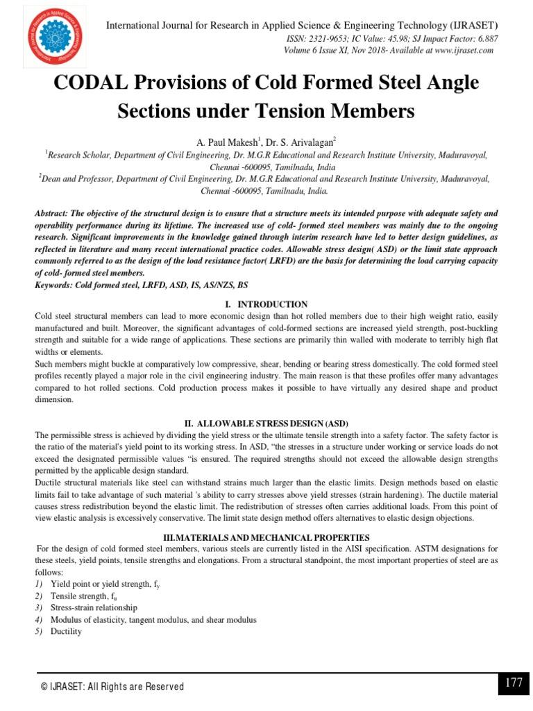 CODAL Provisions of Cold Formed Steel Angle Sections Under Tension ...