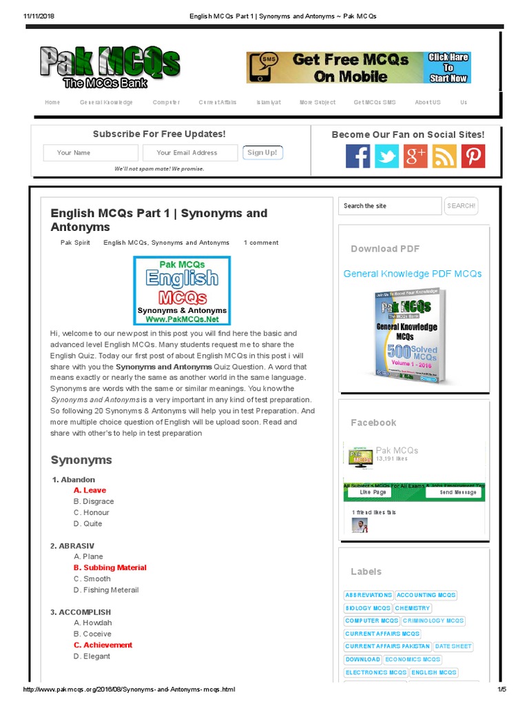 English MCQs Part 1 - Synonyms and Antonyms - Pak MCQs | PDF | Multiple ...