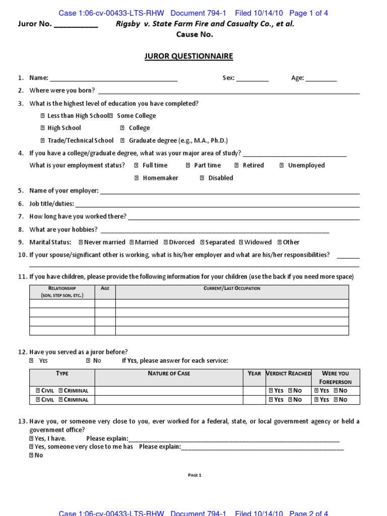 Juror Questionnaire Proposed by State Farm in Rigsby V State Farm ...