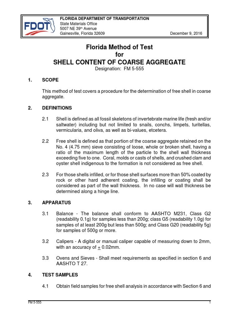 Florida Method of Test For Shell Content of Coarse Aggregate | PDF | Nature