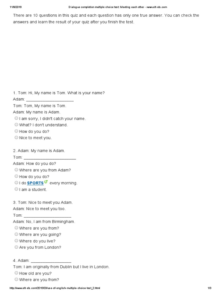 Dialogue Completion Multiple Choice Test_ Meeting Each Other - Www.elt ...