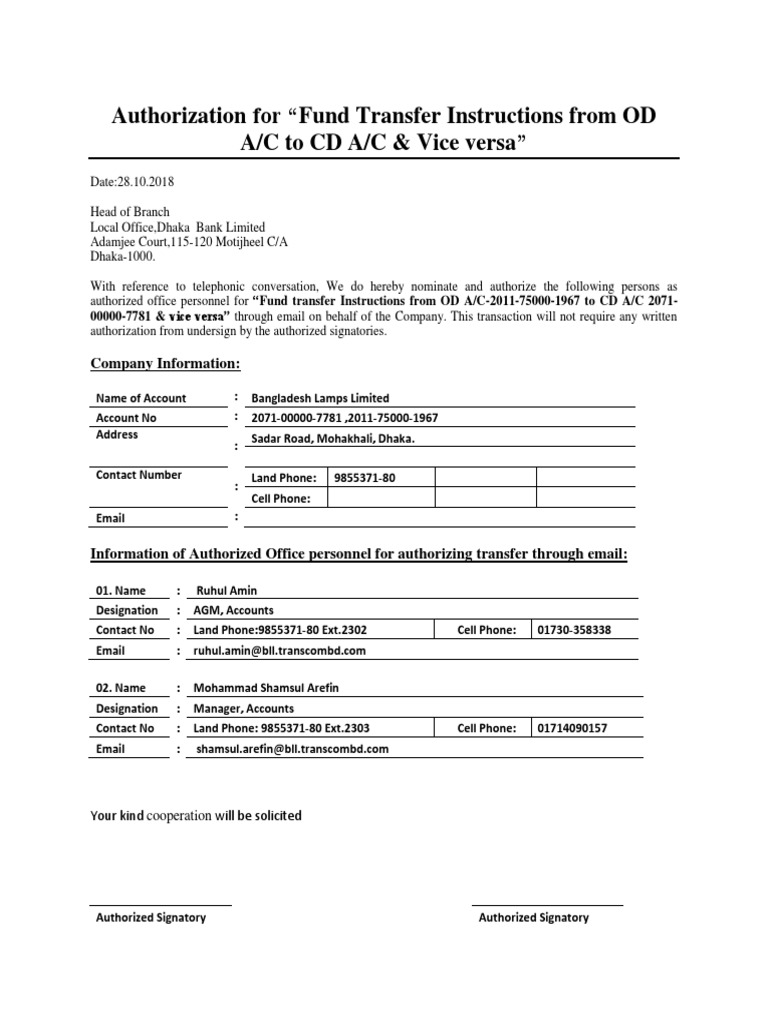 Authorization For Fund Transfer | PDF