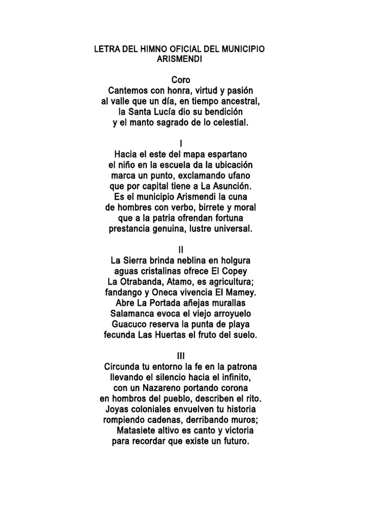 Letra Del Himno Oficial Del Municipio Arismendi Feb 2015 Pdf