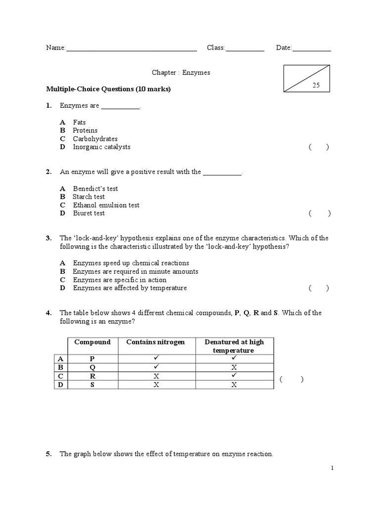 Enzyme Quiz for Students | PDF | Catalase | Enzyme