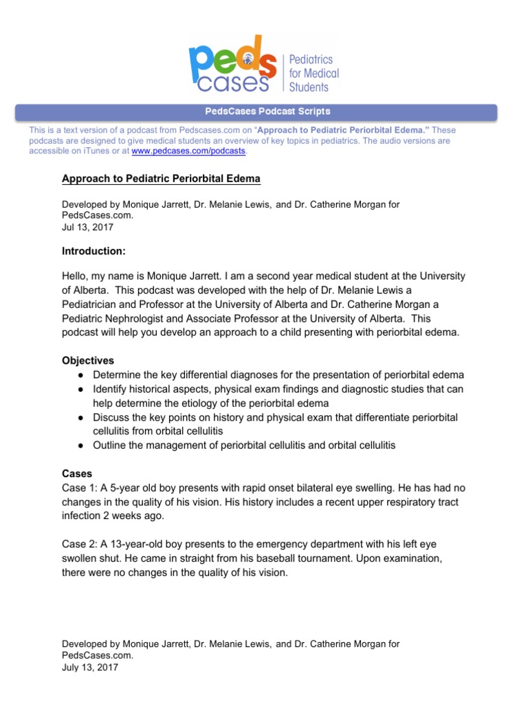 Approach To Pediatric Periorbital Edema | PDF | Pneumonia | Edema