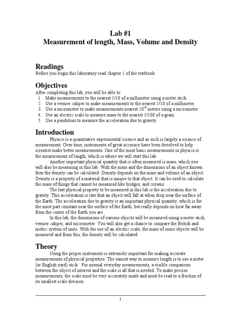Lab #1 Measurement of Length, Mass, Volume and Density | Download Free ...