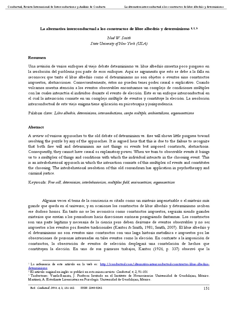 La Alternativa Interconductual A Los Constructos de Libre Albedrío y Determinismo - Smith, NW ...