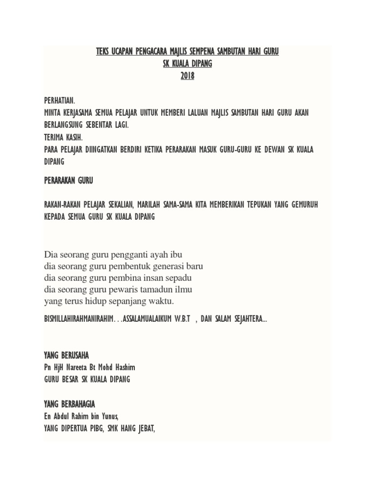 Teks Ucapan Pengacara Majlis Sempena Sambutan Hari Guru | PDF