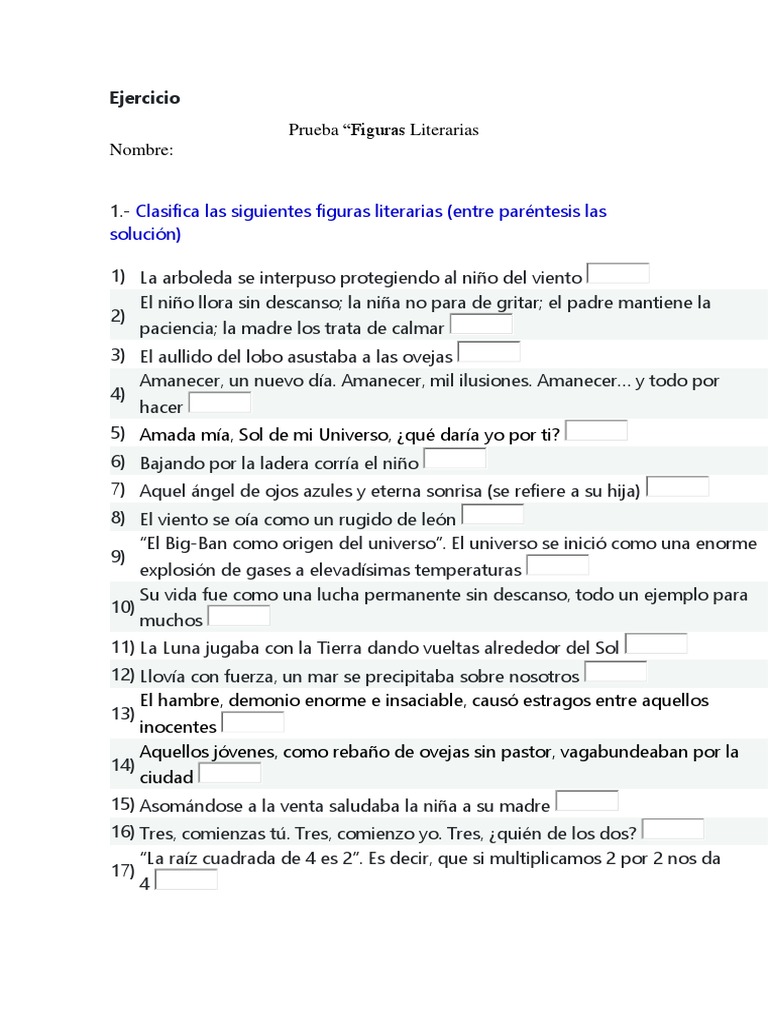 Ejercicios de Figuras Literarias | Metáfora