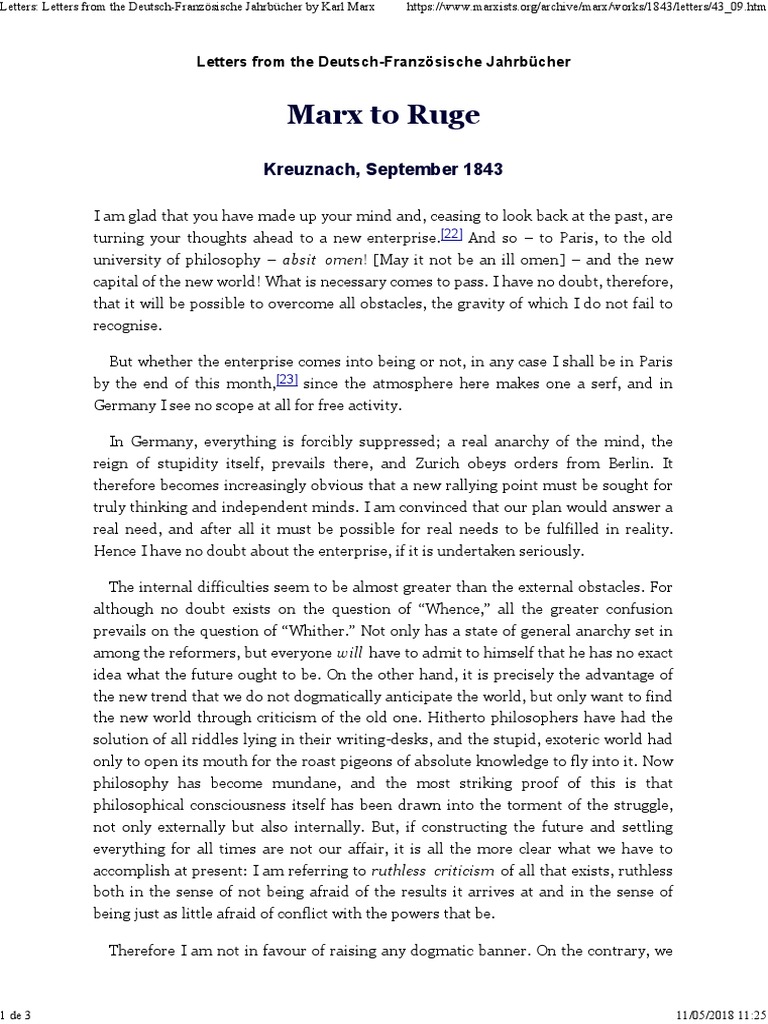 MARX Carta A Arnold Ruge Sept 1843 | PDF | Consciousness | Reason