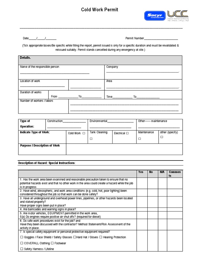Cold Work Permit | PDF | Personal Protective Equipment | Safety