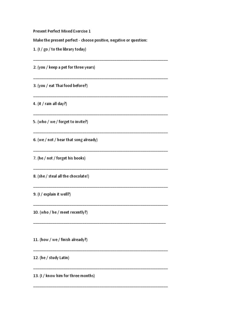 Present Perfect Mixed Exercise 1 | PDF